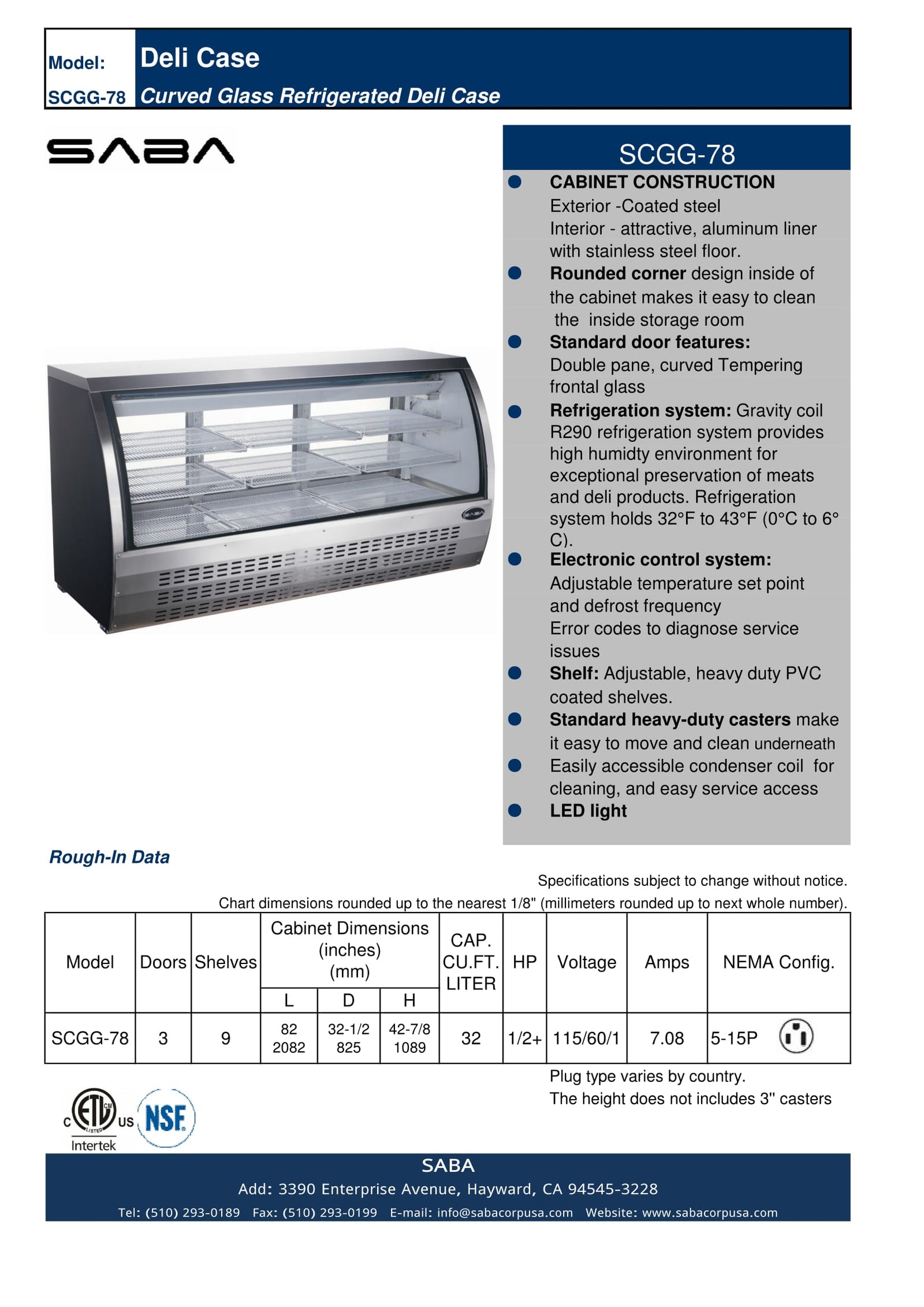 SABA SCGG-78 - 82" Curved Glass Commercial Deli Case